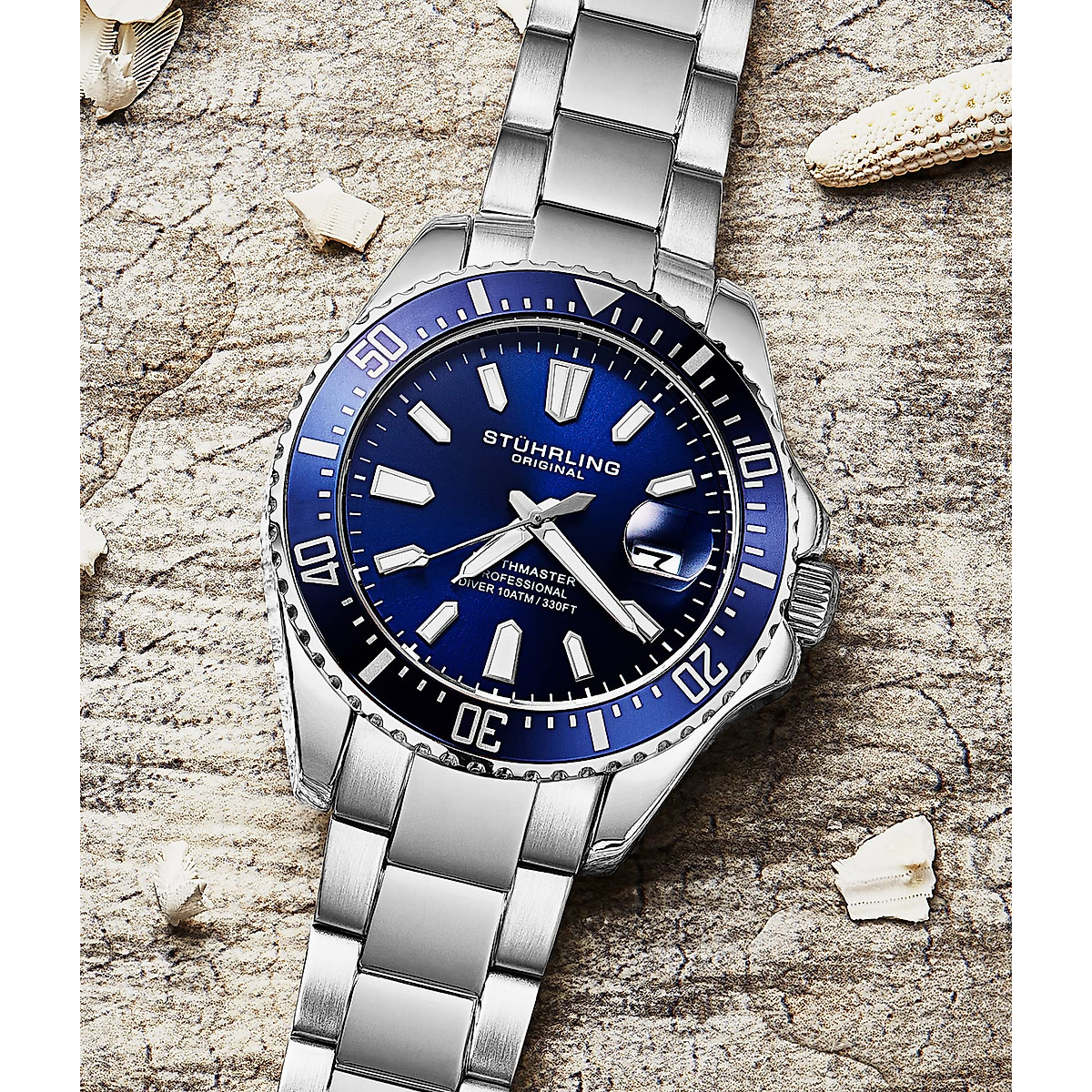 Stuhrling Original Men's Watches Pro Dive Watch Sports Watch with 42 MM Case Blue Dial Stainless Steel Silver Bracelet Diving Watch for Men (Blue)