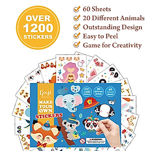 Gooji DIY Make Your Own Stickers for Kids, 60 Sheets Over 1,200 Stickers, 20 Funny Characters and Animals, Customizable Faces with Accessories, Reusable for Party Favors or Arts and Crafts Projects