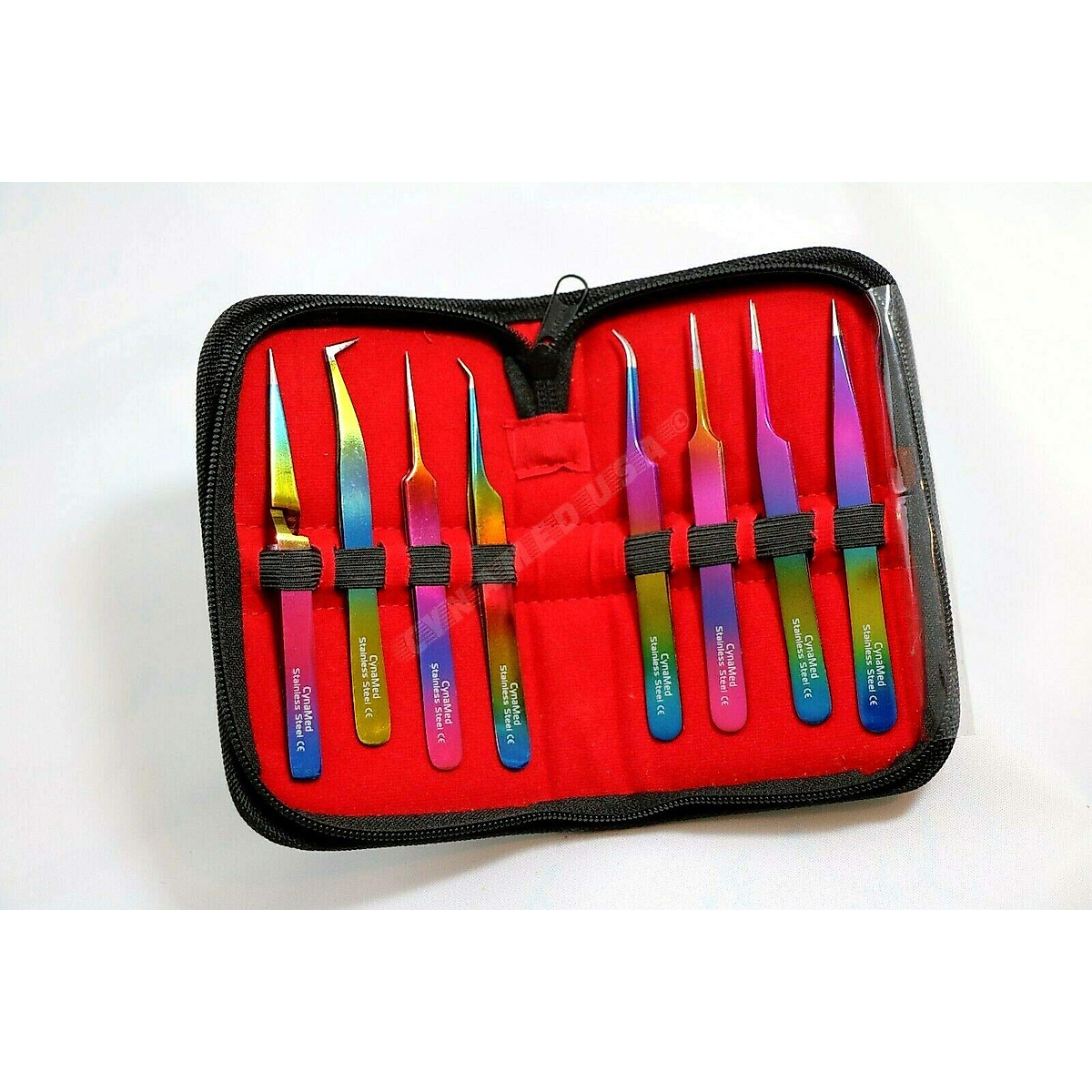 Cynamed -Set of 8 pcs High Precision Multi Rainbow Color German Stainless Steel 3D 5D 6D Volume False Eyelash Extension Tweezers