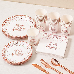 Crisky Rose Gold Foil 50 Fabulous Napkins Plates Cups Set for Women 50th Birthday Party Decorations Supplies, Disposable Tableware Set of 24 (9" Plates, 7" Plates, Luncheon Napkins, 9oz Cups)