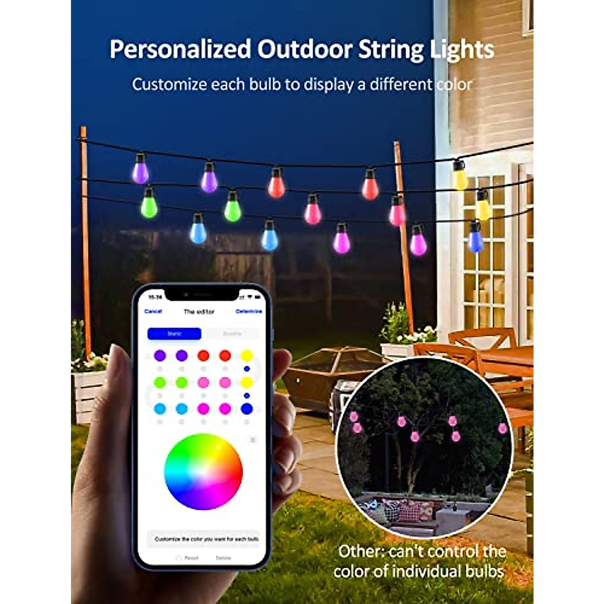 ZUUKOO LIGHT Smart Outdoor String Lights, 48FT RGB Patio Lights with 15 Dimmable LED Bulbs, APP Control, IP67 Waterproof, Timer, Warm White Lights and Music Sync for Balcony, Backyard, Party