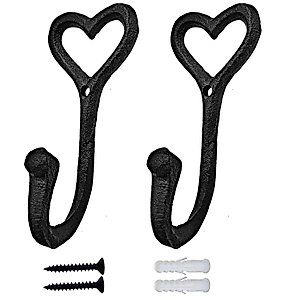 SELPONT ative Wall Hooks Coat Towel Hook, 2 Pcs Key Bag Hanger Coat Hooks Cast Iron Vintage Holder Love Heart Shape Home Decor, Bath Kitchen Garage Hanging Scarf Cap Cup Hat Purse Robes Hook