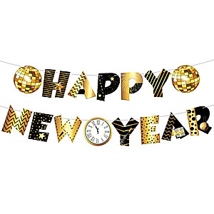 Big, Glitter Happy New Year Banner - 10 Feet, No DIY | Gold Happy New Year Sign for New Years Eve Party Supplies 2023 | New Years Eve Banner for Happy New Year Decorations 2023 | NYE Decorations 2023