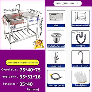 Outdoor Stainless Steel Kitchen Sink, Free Standing Commercial Single Bowl Sink Set with Storage Shelves & Drain Kit for Washing Room Backyard Garage