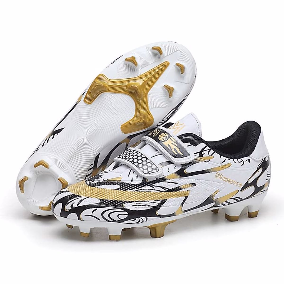 Fenlogft Kids Soccer Cleats Boys Girls Turf/FG/AG Athletic Football Shoes with Tape and Multiple Stud Types, Low-Top Leather Upper Sneakers (Gold Spike,1,Little Kid,Little_Kid)