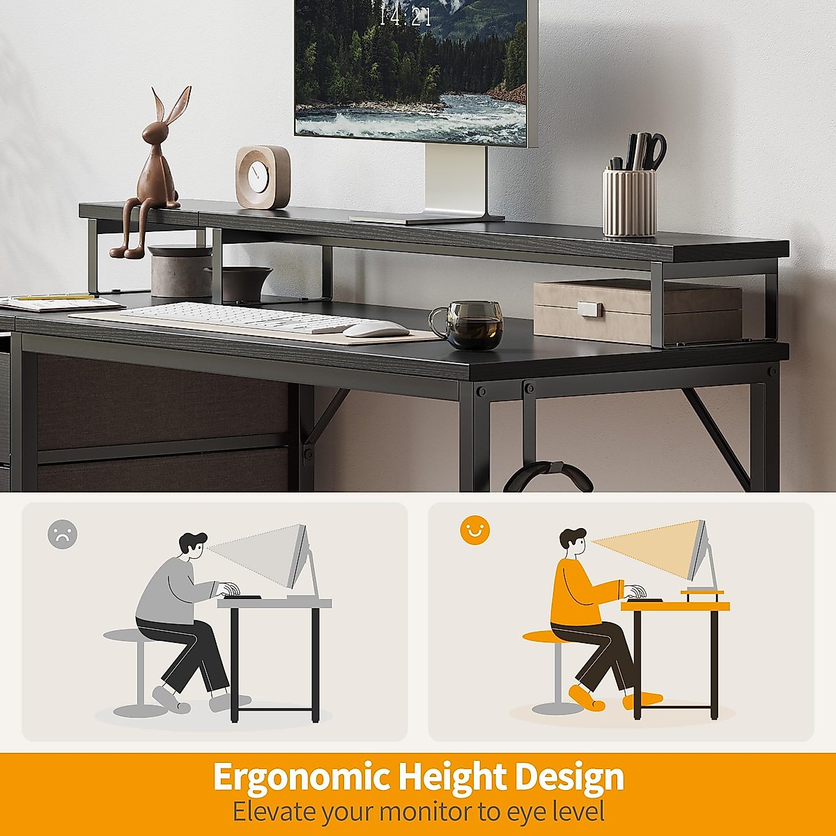 CubiCubi Computer Desk with Drawers, 47 Inch Reversible Office Desk with Monitor Stand and Storage Shelves, Work Writing Study Desk Table for Home, Black