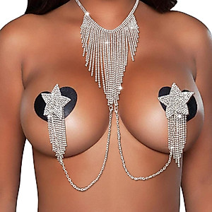 Rhinestone Body Chain Jewelry Crystal Tassel Chain Necklace Luxury Rhinestone Stars Tassel Nipple Stickers Breast Cover Stickers Chest Body Jewelry for Women(Tassel)