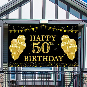 DARUNAXY Black Gold 50th Birthday Party Decorations, Happy 50th Birthday Banner Backdrop for Men Cheers to 50 Year Old Birthday Party Supplies, 6x3.6ft 50 Birthday Photography Background for Women