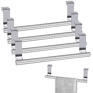 4 Pcs Cabinet Door Towel Bar, Dish Towel Rack for Cabinet, Stainless Steel Kitchen Towel Holder, Over The Door Hand Towel Hanger for Kitchen Bathroom Cupboard (4*Small Sliver)