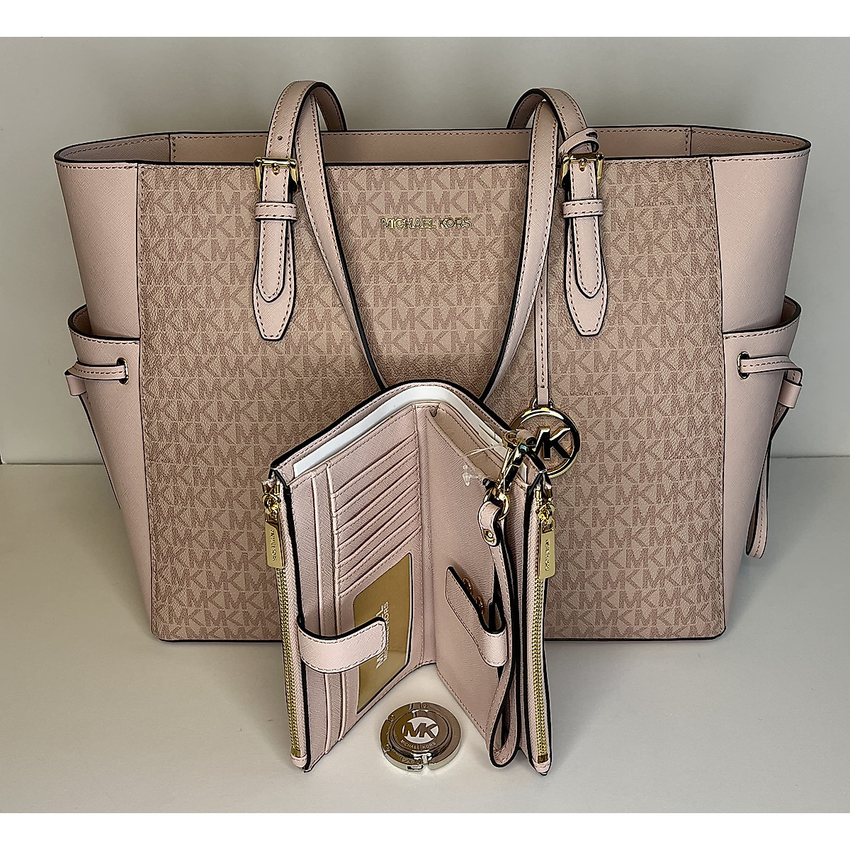 Michael Kors MICHAEL Michel Kors Gilly Large Drawstring Travel Tote bundled with Double Zip Wristlet Purse Hook (Signature MK Pink)