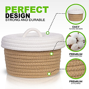 Auguste Round Basket with Lid - Set of 3 Storage Baskets with Lid - Decorative Storage Basket With Lid, Woven Basket with Lid, Cute Cotton Rope Basket, Multi-Purpose Cotton Rope Storage Basket