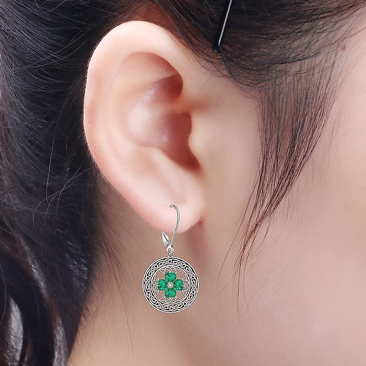 St Patricks Day Shamrock Earrings for Women Sterling Silver Green Celtic Knot Four Leaf Clover Irish Dangle Drop Earrings Crystal Vintage Black Circle Leverback Valentines Day Gift
