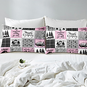 Erosebridal Girls Pink Camper Bedding Set Twin Happy Camping Comforter Cover,Rv Decor for Inside,Camper Accessories for Travel Trailers Duvet Cover,Black Grey Buffalo Plaid Pine Tree Quilt Cover