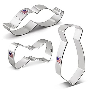 Little Man Father's Day Cookie Cutters 3-Pc Set, Made in USA by Ann Clark, Bow Tie, Mustache, Necktie