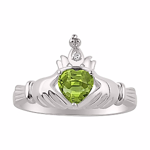 Rylos Rings Sterling Silver Claddah Love, Loyalty & Friendship Ring Heart 6MM Gemstone & Diamond Claddagh Rings August Peridot Jewelry Size 11