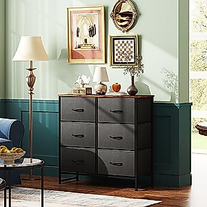WLIVE Fabric Dresser for Bedroom, 6 Drawer Double Dresser, Storage Tower with Fabric Bins, Chest of Drawers for Closet, Living Room, Hallway, Black and Rustic Brown