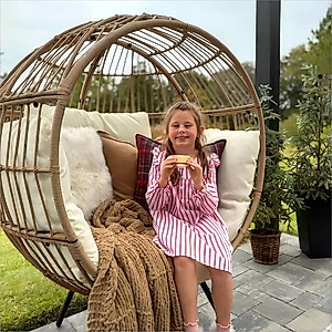 YITAHOME Egg Chair Wicker Outdoor Indoor, Oversized Lounger with 370lbs Capacity Large Egg Chairs with Stand Cushion Round Egg Basket Chair for Patio, Balcony, Bedroom - Beige