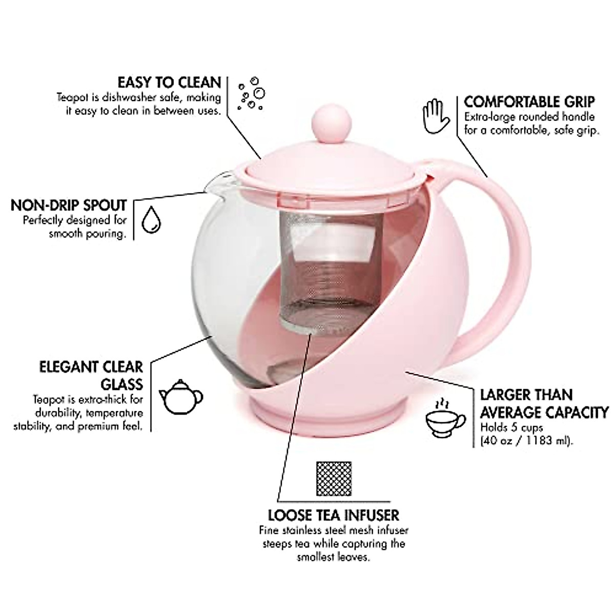 Primula Half Moon Teapot with Removable Infuser, Glass Tea Maker, Reusable, Fine Mesh Stainless Steel Filter, Dishwasher Safe, 40-Ounce, Pink