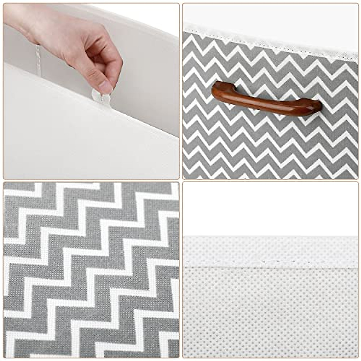 MaidMAX Cloth Storage Bins Cubes Baskets Containers with Wooden Handle for Home Closet Bedroom Drawers Organizers, Foldable, Gray Chevron, Set of 6