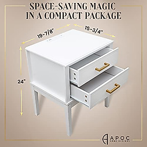 2 Drawer Side Table with Charging Station - Mid Century Modern Nightstand with Polished Gold Handles, 2 USB Ports & 2 Outlets - Multifunctional Smart Bedside Table for Your Home - 24" Tall (White)