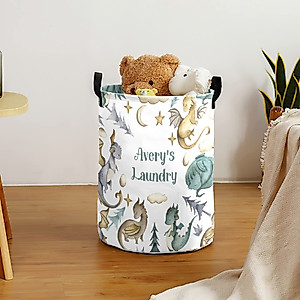 Personalized Laundry Basket for Boys Girls, Animals Dragon Watercolor Custom Laundry Basket Waterproof Coating with Handles,For Bathroom Bedroom Living Room
