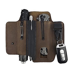 Leather Multitool Sheath, EDC Pocket Belt Organizer for Men with Flashlight Holster, Knife Sheath, Pen Holder and Keychain Clip (Brown)