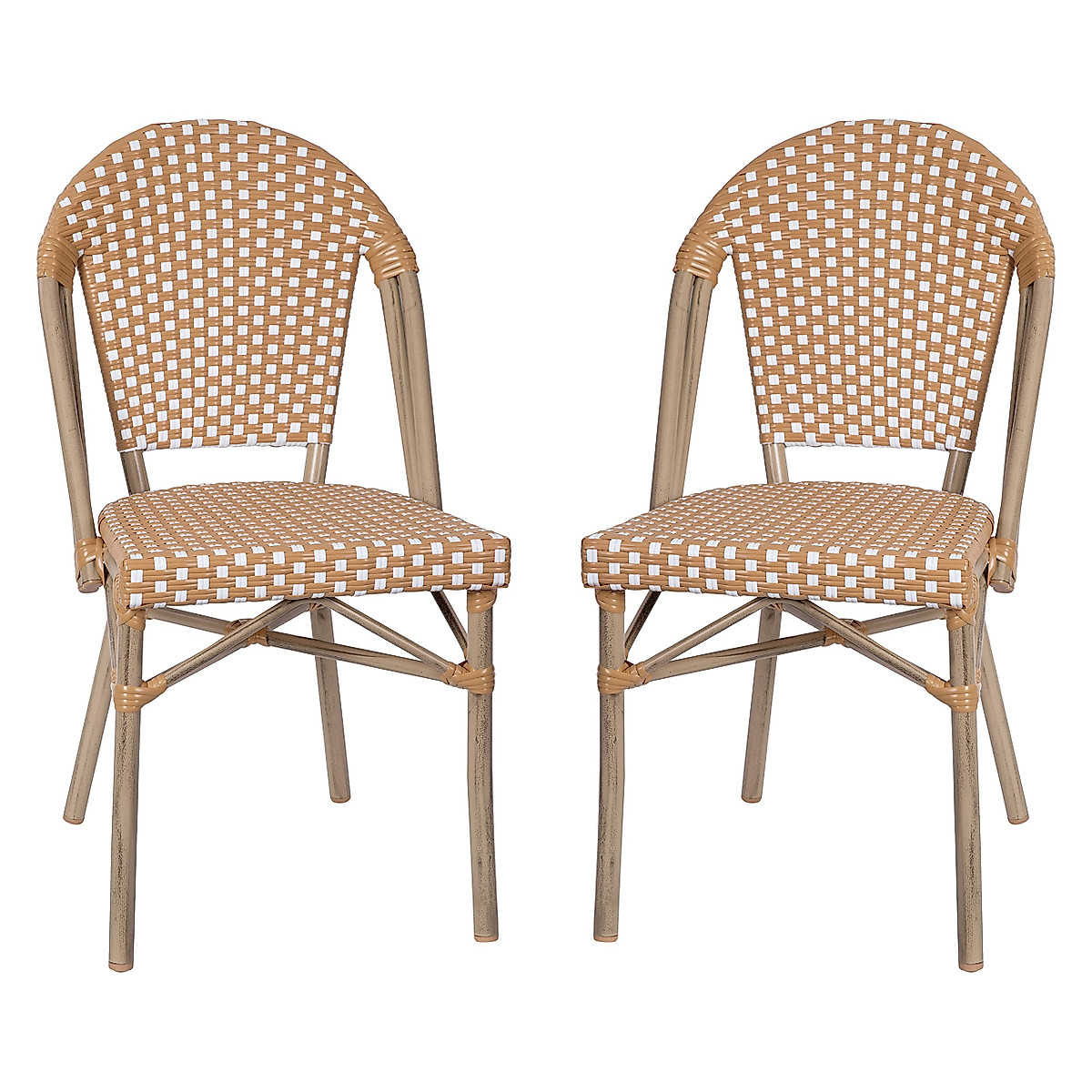 EMMA + OLIVER Colmar Bistro Chair - Natural & White Woven PE Seat and Back - Light Bamboo Finish Aluminum Frame - Set of Two