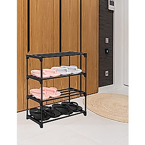 LNYZQUS Upgrade 4-Tier Small Shoe Rack, Metal Stackable Kids Shoe Shelf Storage Shoe Stand Organizer for Closet Entryway Hallway,Zapateras Organizer for Shoes(Black)