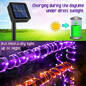 Solar Halloween Rope Lights Outdoor, 2 Pack 33 ft 100 LED 8 Modes Solar Orange Purple String Lights, Solar Powered Waterproof Tube Lights for Halloween Tree Garden Fence Yard Party Outdoor Decorations