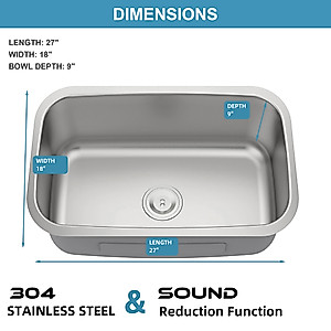 JoviPrime 27 Inch Undermount Kitchen Sink 18 Gauge Stainless Steel Spacious Single Bowl Kitchen Sinks with Strainer 27" x 18" x 9"