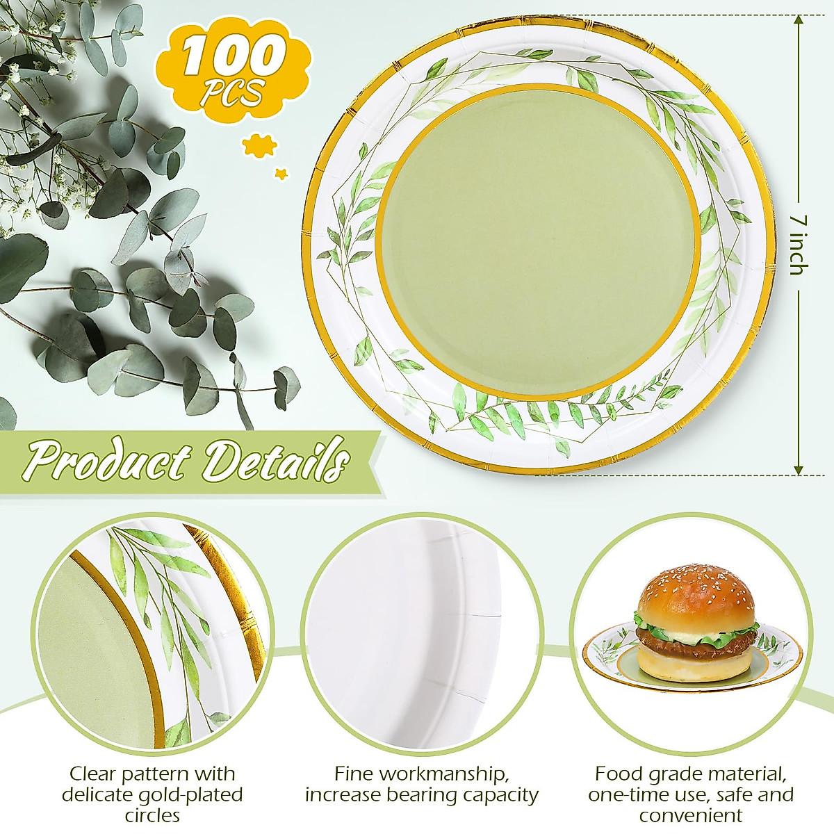 Tanlade 100 Pcs Sage Green Plates, 7'' Eucalyptus Paper Plates Decorative Disposable Gold Foil Greenery Plates for Baptism Baby Bridal Shower Wedding Jungle House Warming Decoration Party Supplies