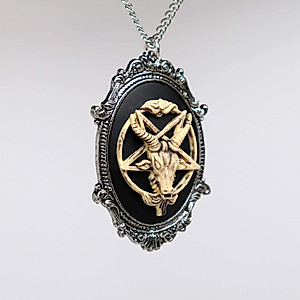 Antiqued Goat Head Satanic Baphomet Cameo Bone on Black In Silver Finish Frame Pendant Necklace