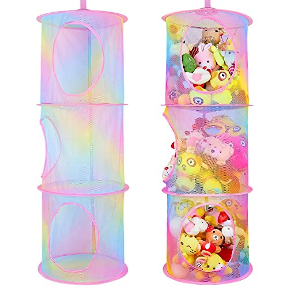 Basumee Stuffed Animals Net or Hammock 2Pcs Hanging Stuffed Animals Storage 3 Compartments Toy Net Hammock for Stuffed Animals Organizer Mesh Stuff Animals Hammock for Kids Girls Room, Rainbow