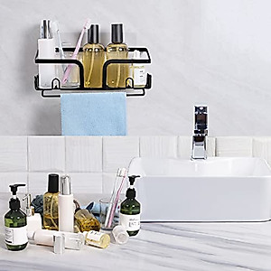 Bathroom Shower Shelf Organizer Rack 2-Pack, Strong Adhesive Shower Caddy with Soap Holder and 11 Hooks, No Drilling Wall Mounted Rustproof Stainless Steel Shower Shelf for Inside Shower, Black