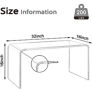TPZLRN Acrylic Coffee Table, 32" L x 16" W x 16" H Clear Rectangle Coffee Table, Modern Waterfall Acrylic End Table Furniture for Living Room, Bedroom and Office, 0.6” Thick