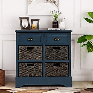 FRANSOUL Rustic Storage Cabinet with 2 Drawers and 4 Classic Rattan Basket Buffet Sideboard for Kitchen/Dining Entryway/Living Room/Home,Antique Navy