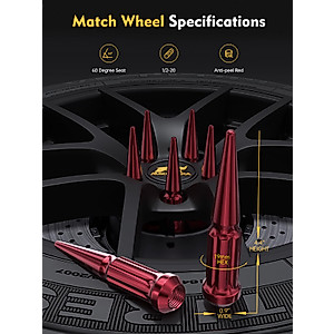 MIKKUPPA 1/2-20 Wheel Spike Lug Nuts, 20pcs Red Spike Lug Nuts 1/2x20 Solid 4.4" Tall Acorn Lug Nut with 1 Socket Key Replacement for Jeep Wrangler Cherokee Liberty