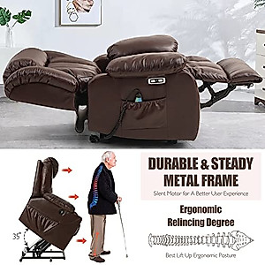 Harkawon Dual Motor Recliner Chair for Adults, Genuine Leather Lay Flat Sleeping Power Lift Chair for Elderly, Power Lift Chairs, with Massage and Heating (Brown)