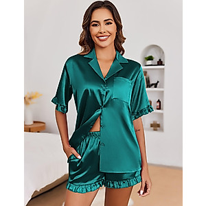 Ekouaer Womens Satin Pajamas Set Button Down Silk 2 Piece Pj Sets Ruffle Short Sleeve Sleepwear,Blue Green,L