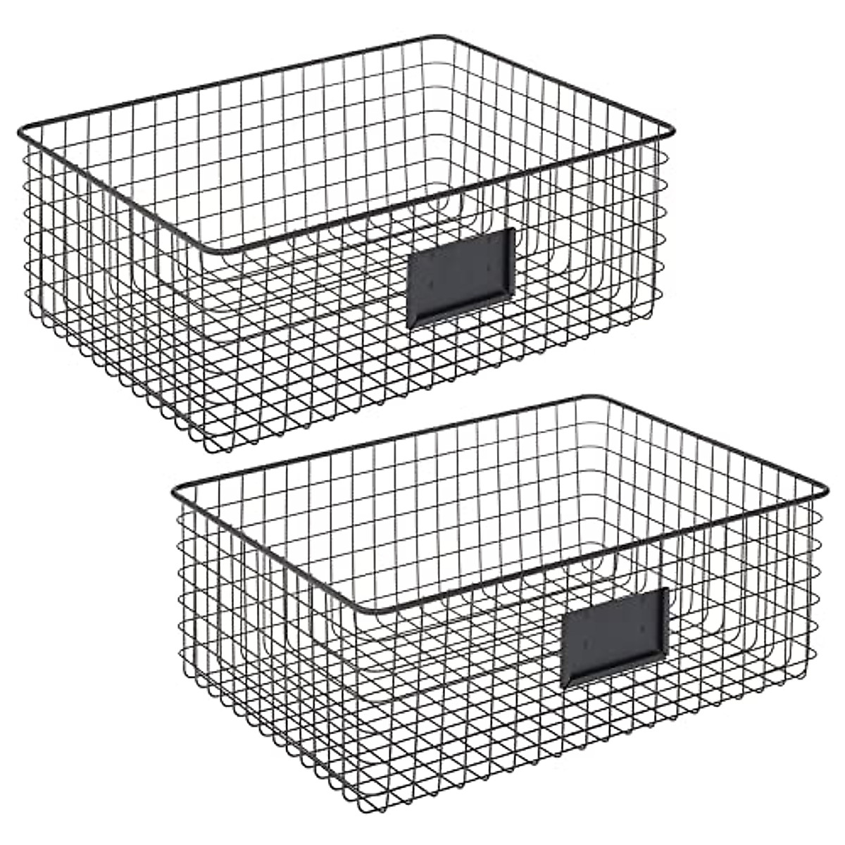 mDesign Wide Steel Wired Storage Organizer Bin Baskets with Label Slot for Kitchen Pantry, Cabinet, Organizing Holder for Food, Drinks, Snacks, Produce, Omaha Collection, 2 Pack, Matte Black
