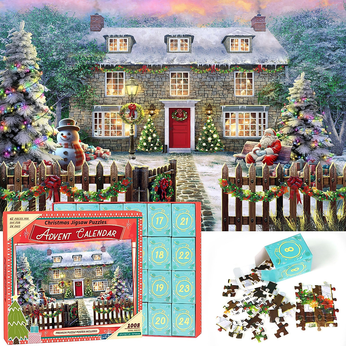 Wowok Advent Calendar 2024 Christmas Jigsaw Puzzles- The Christmas Cottage Holiday Puzzles for Adults Kids, 24 Parts 1008 Pieces Jigsaw Puzzles Gift for Countdown to Christmas
