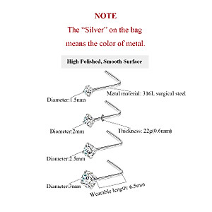 FANSING 4pcs 22g Nose Rings Studs 1.5mm 2mm 2.5mm 3mm CZ Diamond Nose Studs Cubic Zirconia Nose Stud Silver L Shaped Nose Studs for Women Nostril Piercing Jewelry 22 Gauge