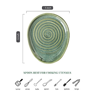 Seyatoo Ceramic Spoon Rest for Stove Top, Spoon Holder for Kitchen Counter, Farmhouse Cooking Utensil Holder for Spoons, Ladles, Spatula, Glazed Green