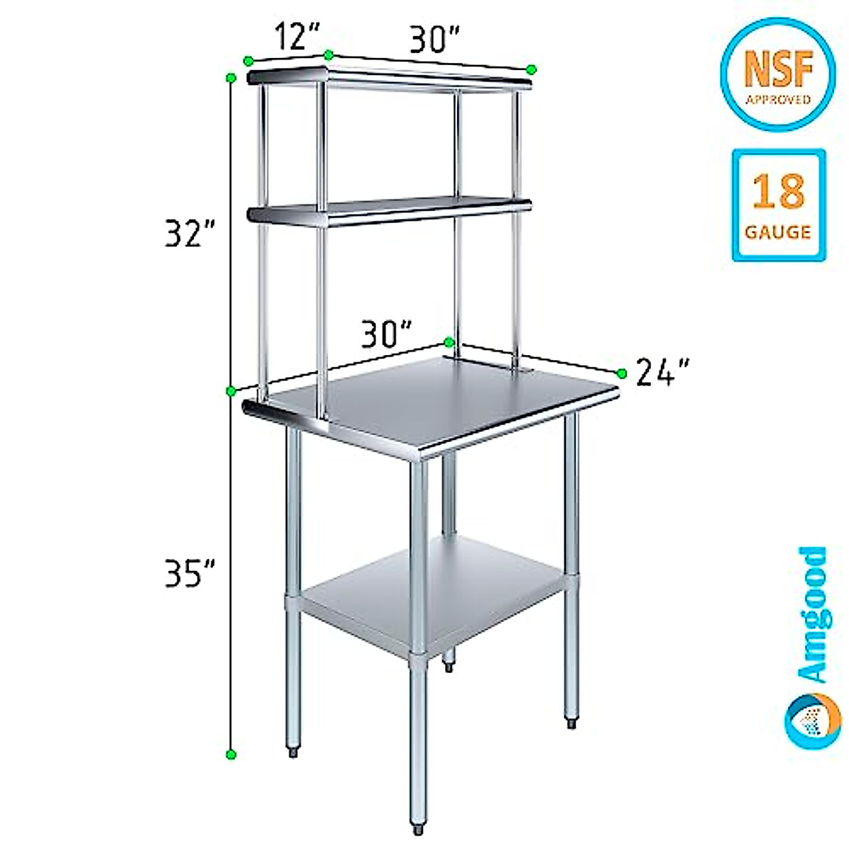AmGood Stainless Steel Work Table with 12" Wide Double Tier Overshelf | Metal Kitchen Prep Table & Shelving Combo | NSF (Stainless Steel Table with Double Overshelves, 30" Long x 24" Deep)