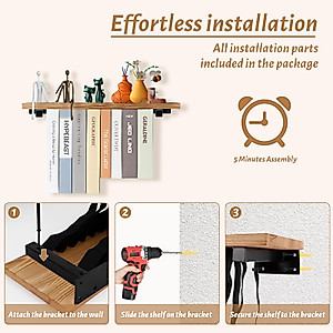 Floating Wooden Bookshelves for Wall, Elastic Bands Hanging Book Holder, Book Handmade Storage Organizer, Burlywood Bookshelf with Metal Brackets Wall Mount, 2-Pack