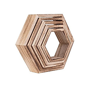 WONFUlity Hexagon Floating Shelves, Wall Mounted Wood Farmhouse Storage Honeycomb Shelves Set of 5 Wall Shelf for Bathroom, Kitchen, Bedroom, Living Room,Driftwood Finish Wall Decor, Light Brown