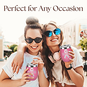 Personalized Custom Breast Cancer Ribbon Your Name Engraved Insulated Stainless Steel Wine Tumbler with Lid 12 oz. Gift for Her (Sparkly Pink)