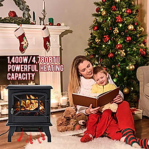 FDW Electric Fireplace Heater 20" Freestanding Fireplace Stove Portable Space Heater with Thermostat for Home Office Realistic Log Flame Effect 1500W CSA Approved Safety 20"Wx17"Hx10"D,Black