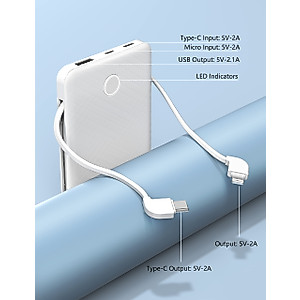 miisso 6000mah Card Size Built in Cables Power Bank, Built in USB C Cords Battery Pack Travel Charger Portable Charger for Phones, 4 Output Ultra Slim Battery Pack Compatible with iPhone, White