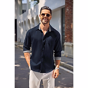COOFANDY Mens Casual Shirts Long Sleeve Button Up Dress Shirts for Men Linen Beach Wedding Shirts, Navy Blue, XX-Large